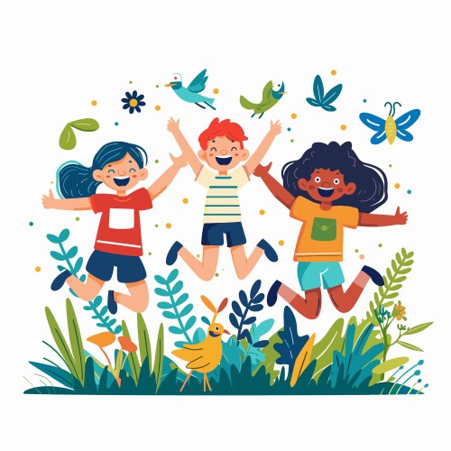 Three happy children jumping joyfully colorful Vector Image