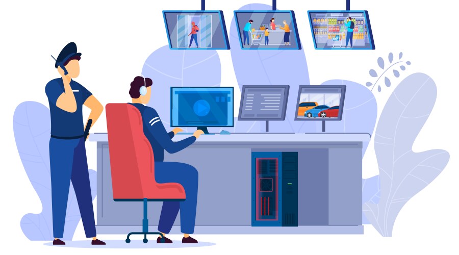 Security service worker sitting in dark control Vector Image