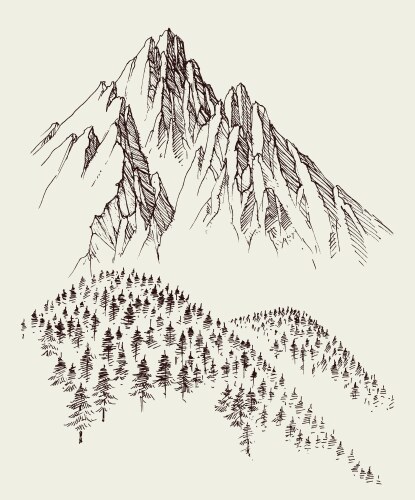 Sketch mountains pine forest river drawn Vector Image