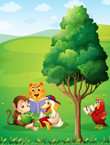 Cartoon couples rabbits reading a book Royalty Free Vector