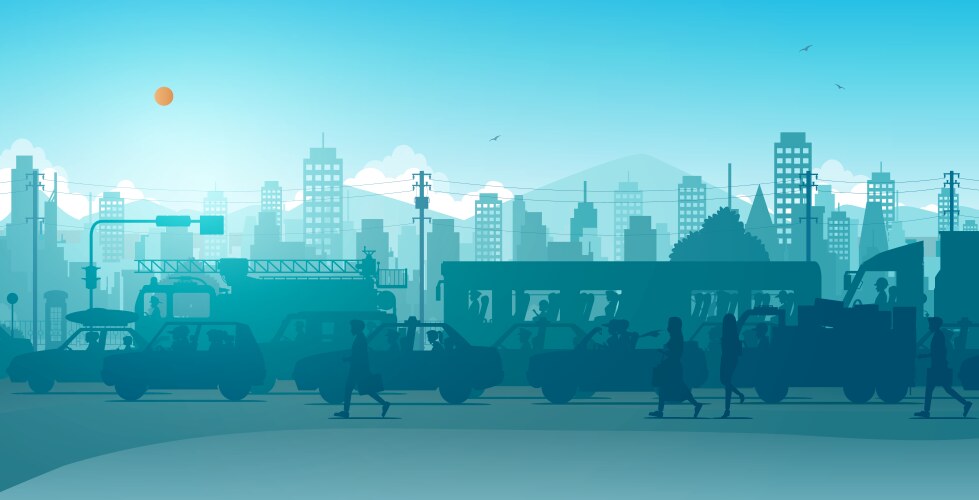 Traffic jam with cars and caravan trailer truck Vector Image