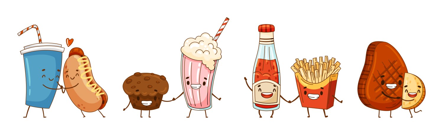 Cute food couple with smiling face set Royalty Free Vector