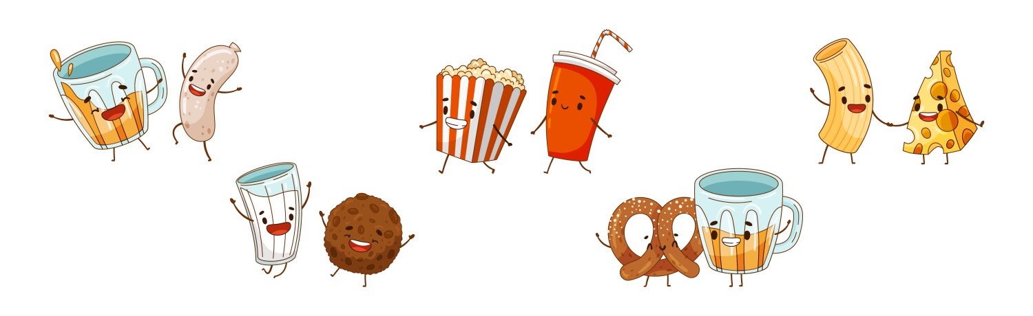 Cute food couple with smiling face set Royalty Free Vector