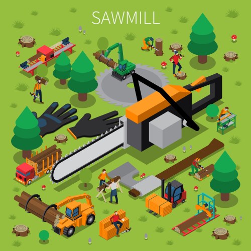 Sawmill works isometric background Royalty Free Vector Image