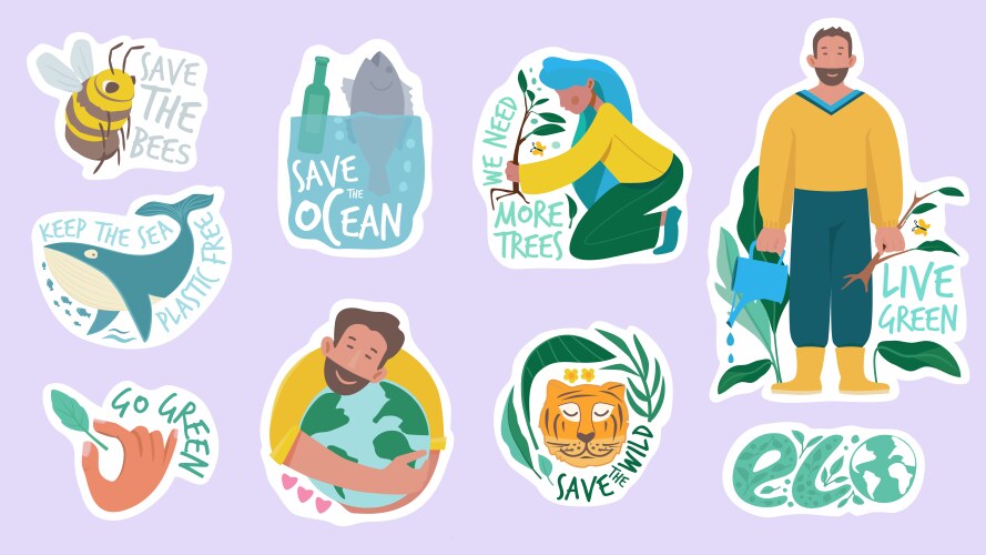 Ecology stickers save green earth planet clean Vector Image