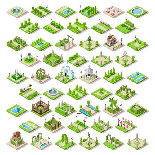 Set of isometric building in spring Royalty Free Vector