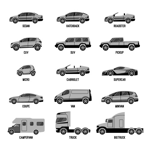 Car automobile types black icons isolated Vector Image