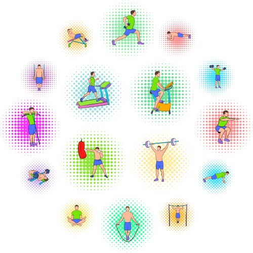 Types of exercises in gym icons set cartoon style Vector Image