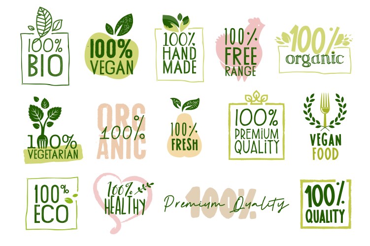Eco food labels organic product stickers Vector Image