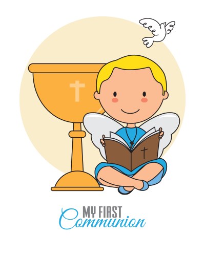 Little boy kneeling first communion Royalty Free Vector