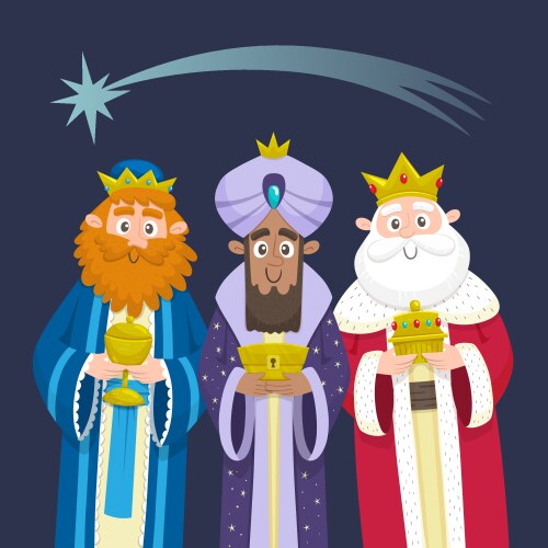 Three kings wearing crown and robe Royalty Free Vector Image