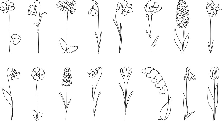 Flower set continuous outline style decoration Vector Image