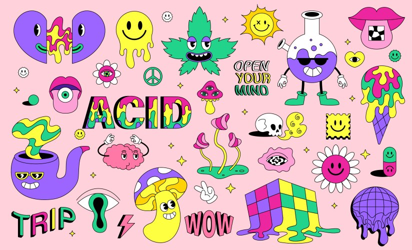 Psychedelic characters set skull and alien emoji Vector Image