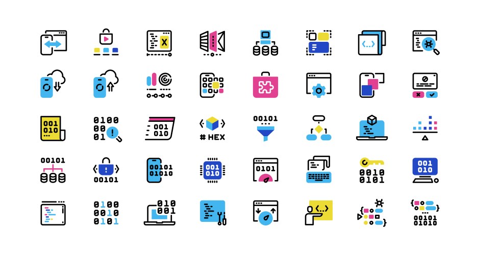 App development line icons software coding front Vector Image