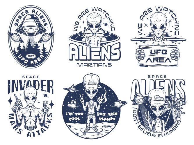 Badges set with ufo and aliens design Royalty Free Vector