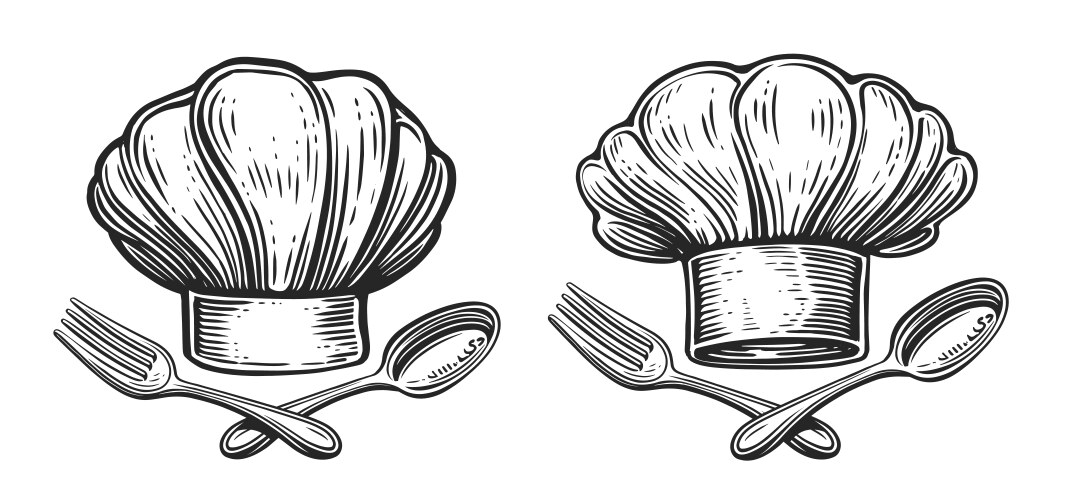 Cook hat with fork and spoon chef emblem or badge Vector Image