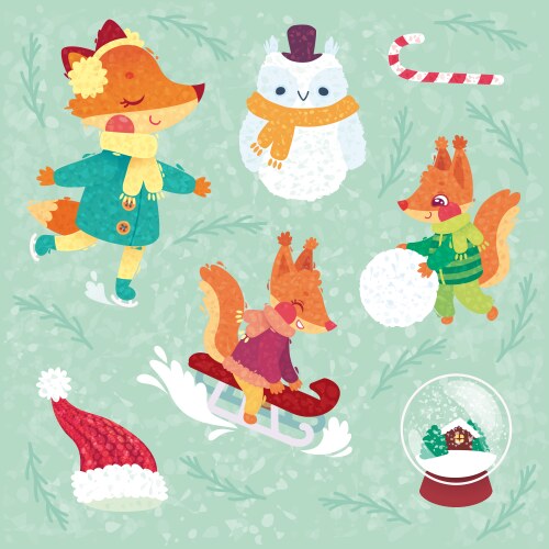 Cartoon forest animals playing outside in snow Vector Image