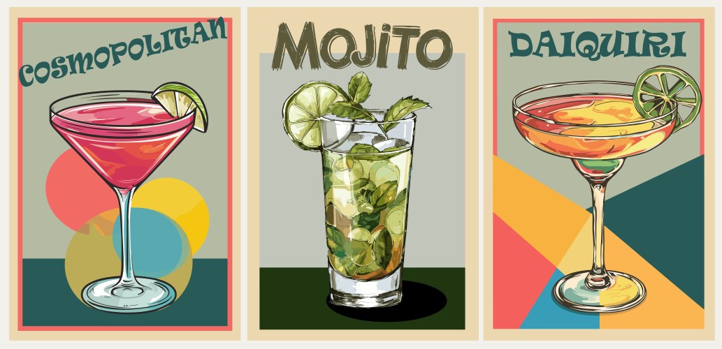 Cocktails retro poster prints art set Royalty Free Vector