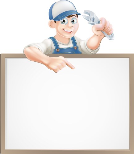 Cartoon mechanic peeking over sign Royalty Free Vector Image