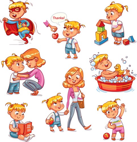 Cartoon kid daily routine activities set Vector Image