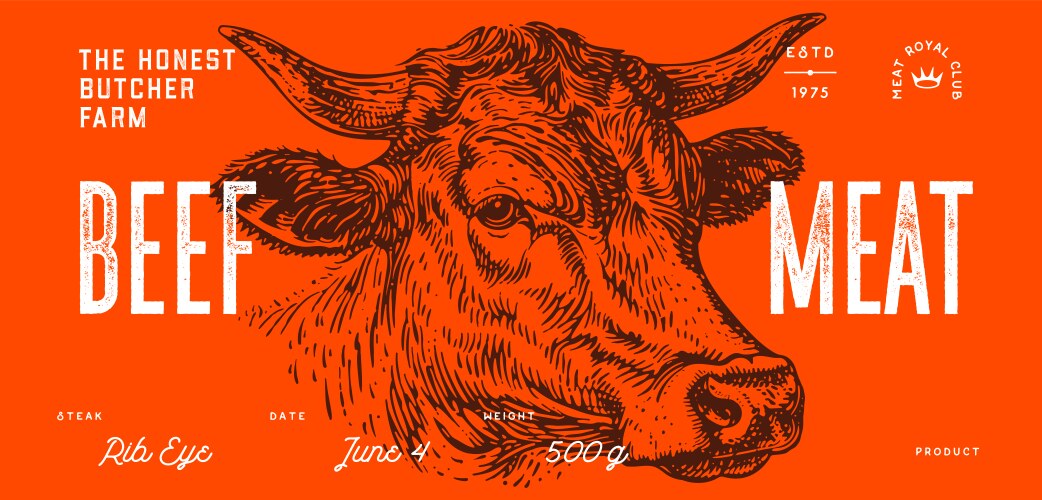 Cow bull beef head meat tag label Royalty Free Vector Image
