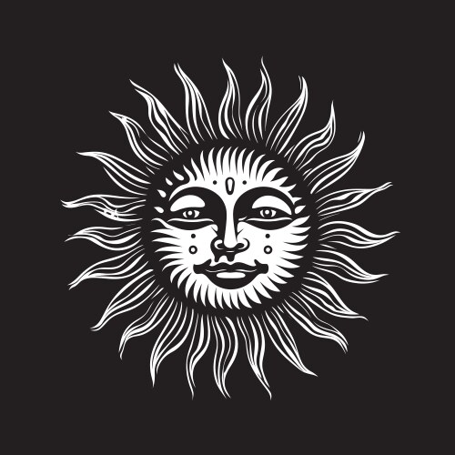 Glowing grin cartoon sun with face black icon Vector Image