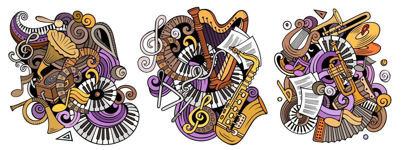 Classical music cartoon doodle designs set Vector Image