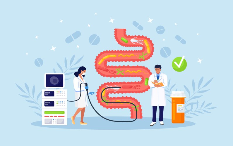 Team of physicians performs colonoscopy Royalty Free Vector