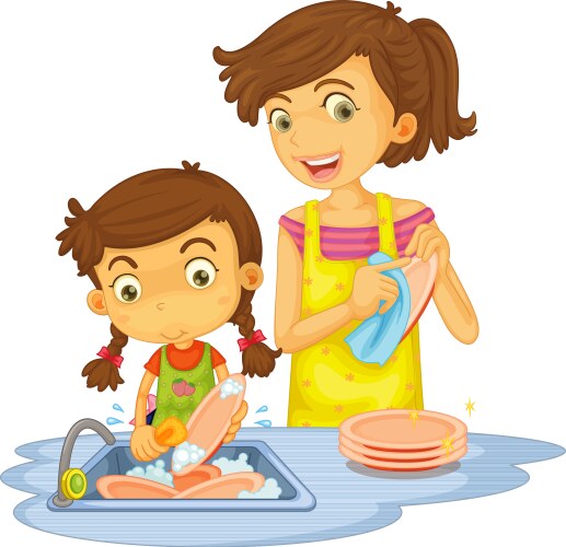 Little girl washing dishes Royalty Free Vector Image
