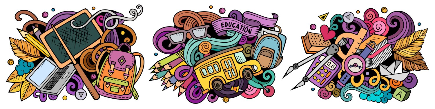 School cartoon doodle designs set Royalty Free Vector Image