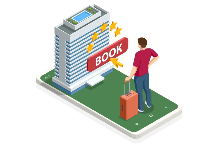 Isometric online hotel booking concept characters Vector Image