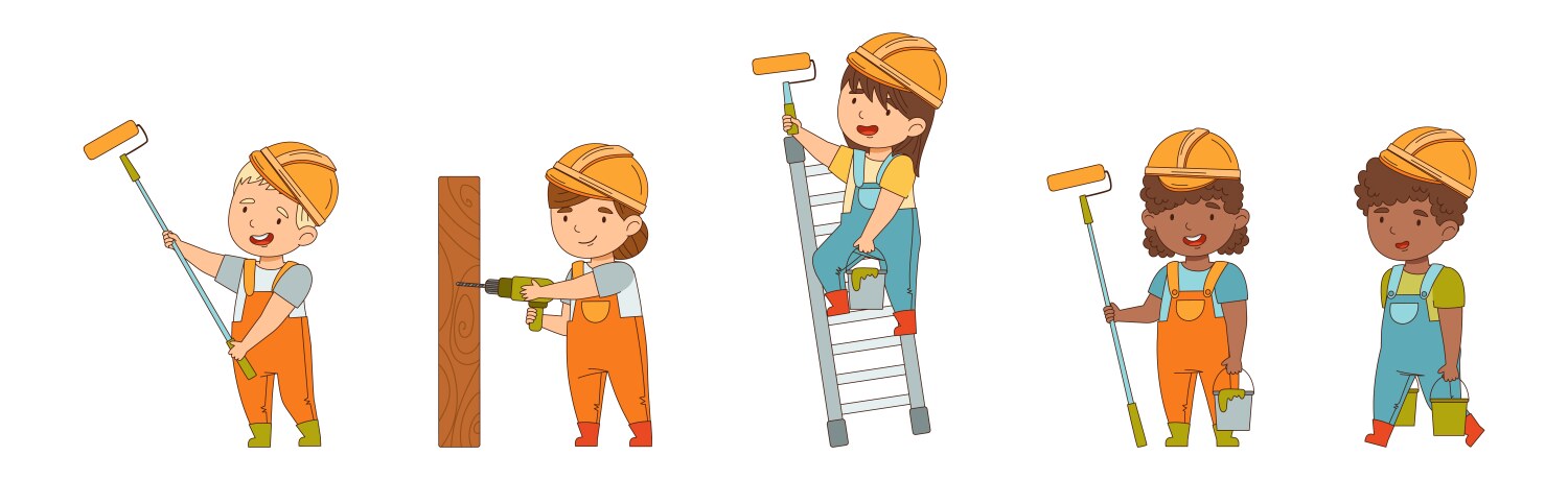 Kids builder character wearing uniform and hardhat