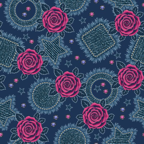 Denim logo seamless pattern with patches roses Vector Image