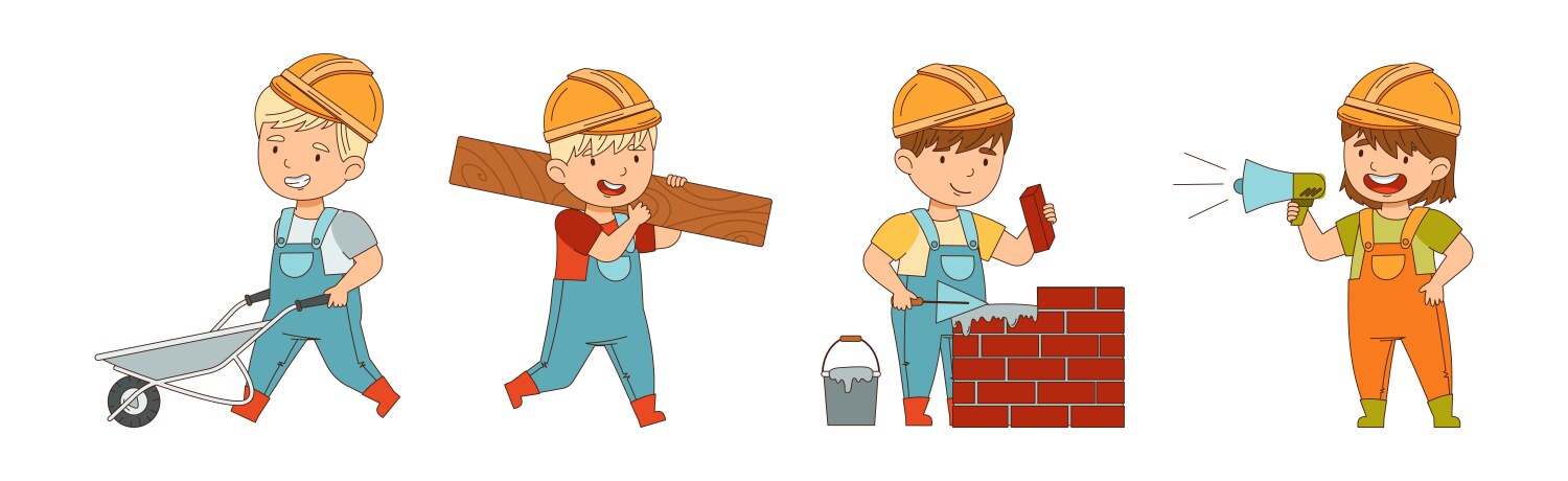 Kids builder character wearing uniform and hardhat
