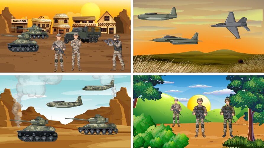 Set of different army war scenes Royalty Free Vector Image