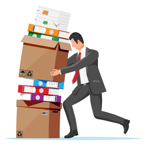 Stressed businesswoman pushing pile of documents Vector Image