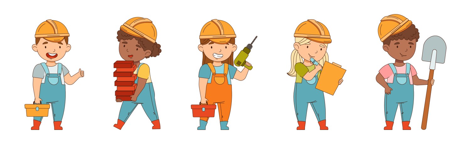 Kids builder character wearing uniform and hardhat