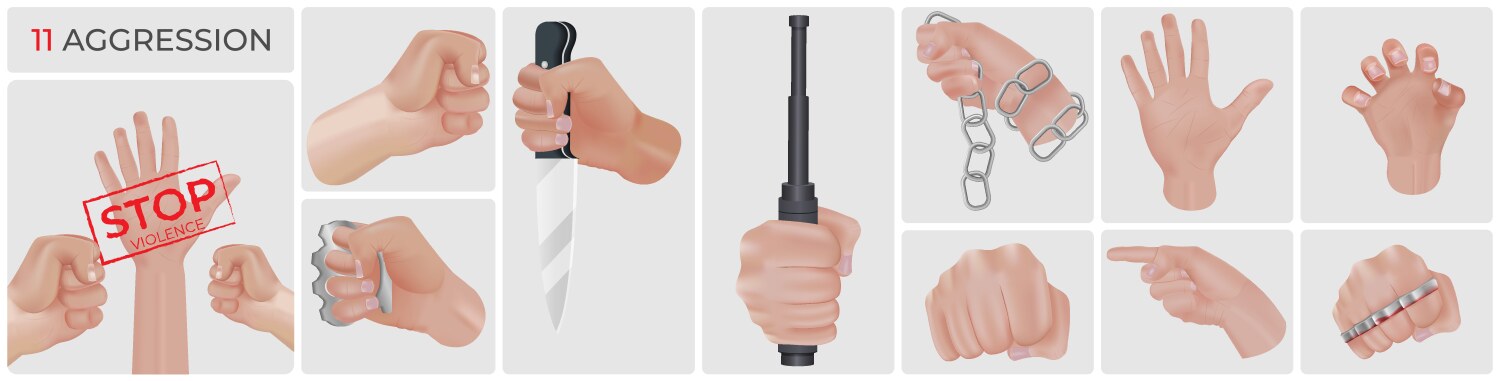 Hand aggression realistic icon set Royalty Free Vector Image