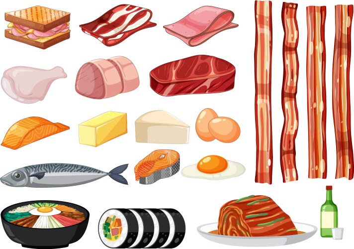 Collection of various protein-rich food items Vector Image