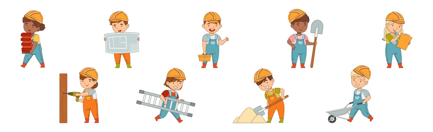 Kids builder character wearing uniform and hardhat