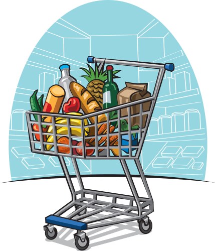 Cartoon trolley with healthy food flat Royalty Free Vector