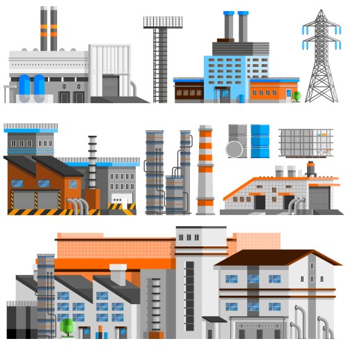 Industrial factory buildings architectural set Vector Image