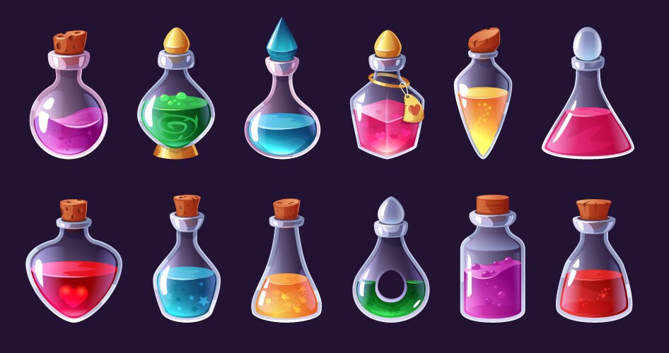 Cartoon potion bottles magical elixir vials Vector Image