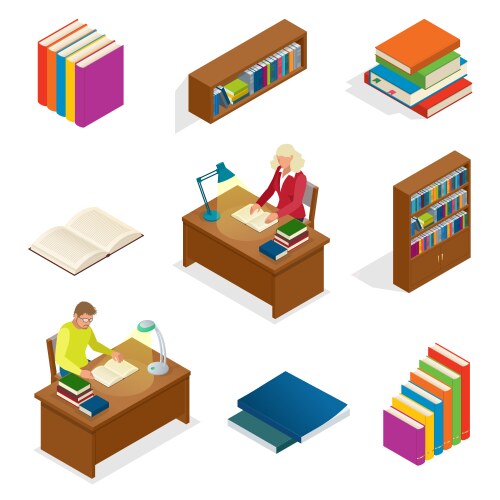 Isometric online library students reading books Vector Image