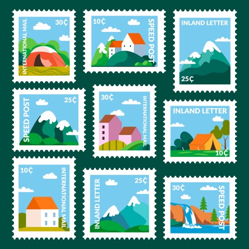 Set of travel post stamp famous landmark mail Vector Image