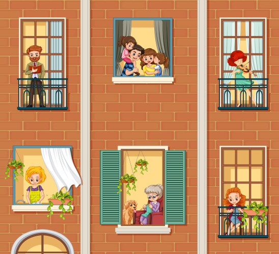Facade of building with opened windows and people Vector Image