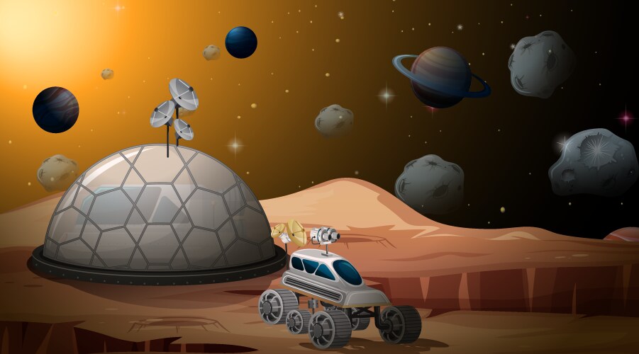 Astronauts and rover exploring mars surface Vector Image