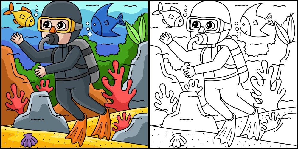 Boy scuba diving summer coloring page for kids Vector Image