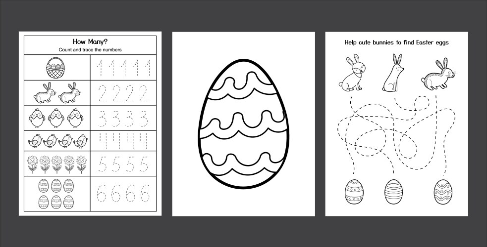 Easter coloring pages set with cute bunny and eggs