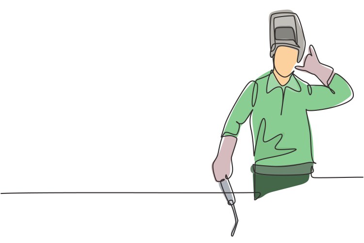 Single one line drawing female welder with call Vector Image